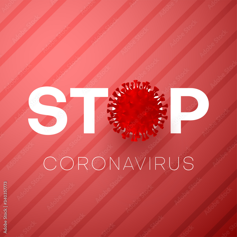 Stop Covid-19 sign with realistic 3d red viral cells, vector ...
