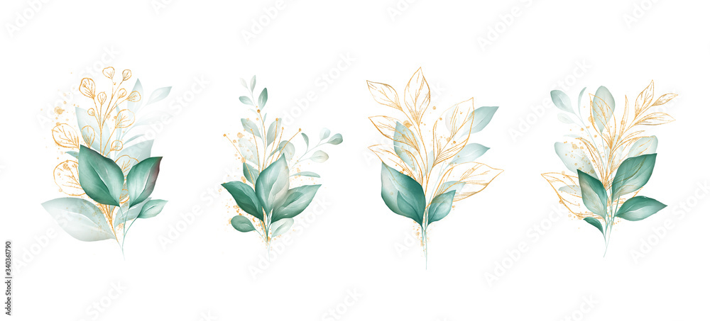 Watercolor floral illustration set. Green & gold leaves, branches, and ...