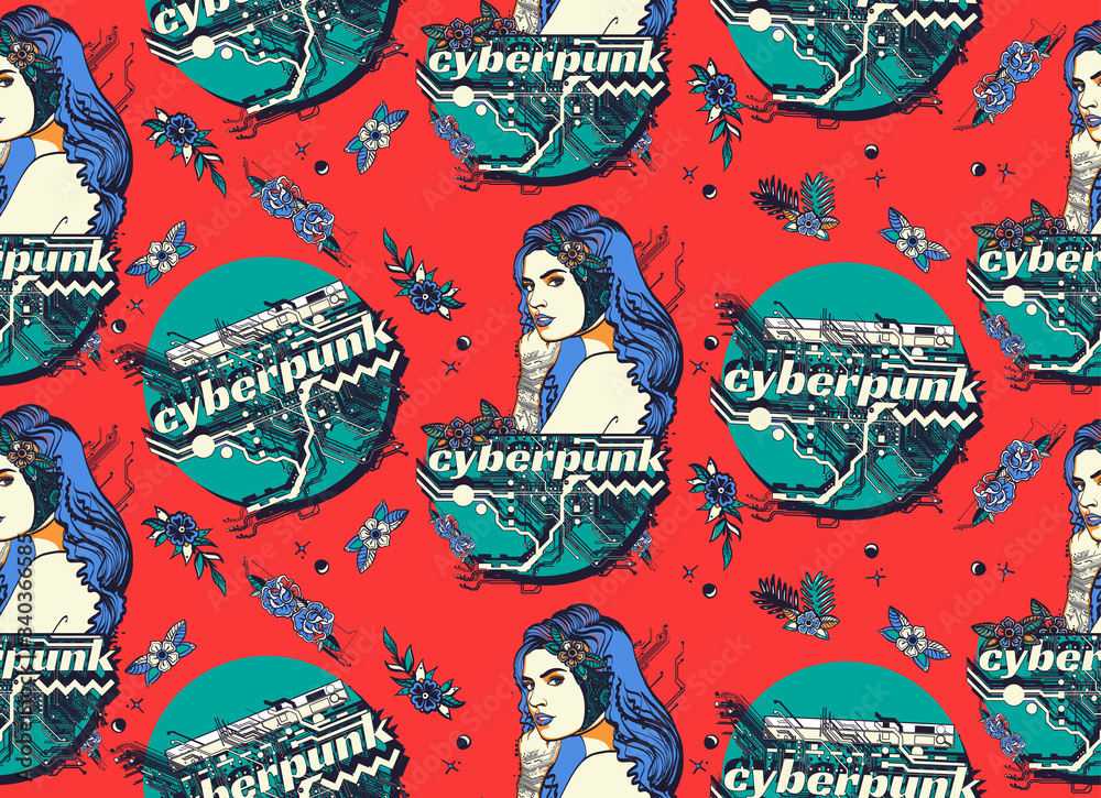 Cyberpunk seamless pattern. Cyborg girl and cybernetic world. Pop art ...
