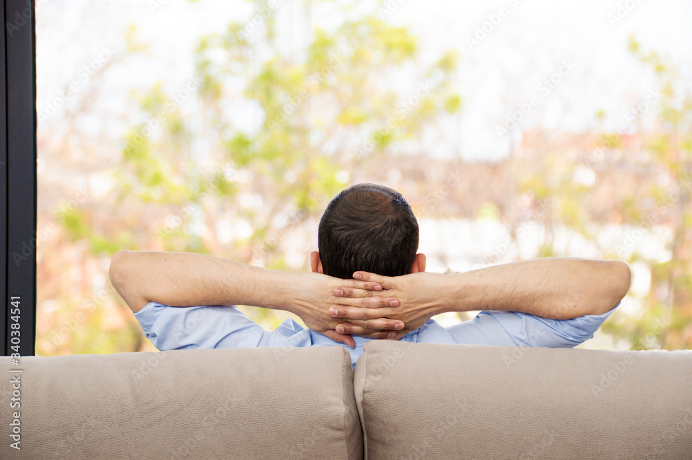Rear view of a single man relaxed on a couch at home and looking the ...