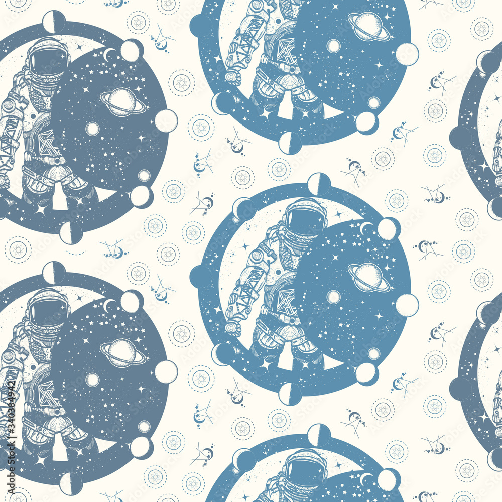 Astronaut in space. Seamless pattern. Packing old paper, scrapbooking ...