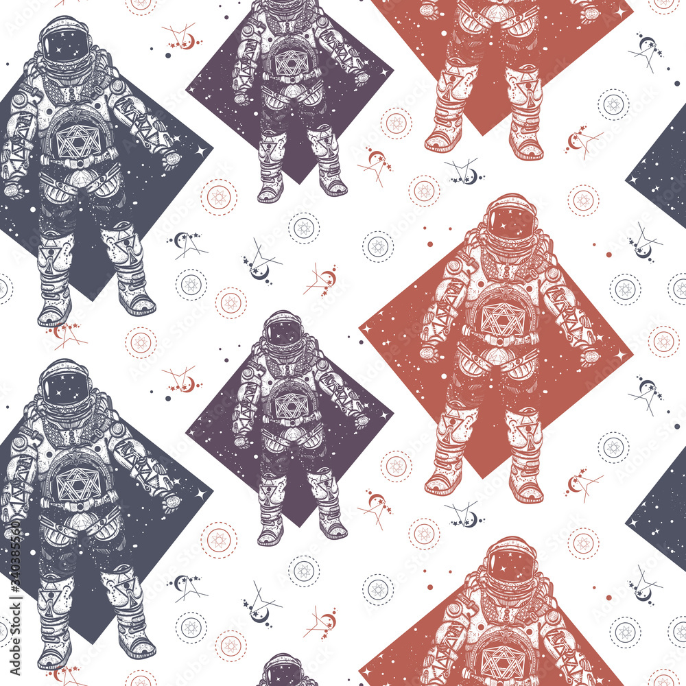 Astronaut. Cosmonaut in deep space seamless pattern. Packing old paper ...