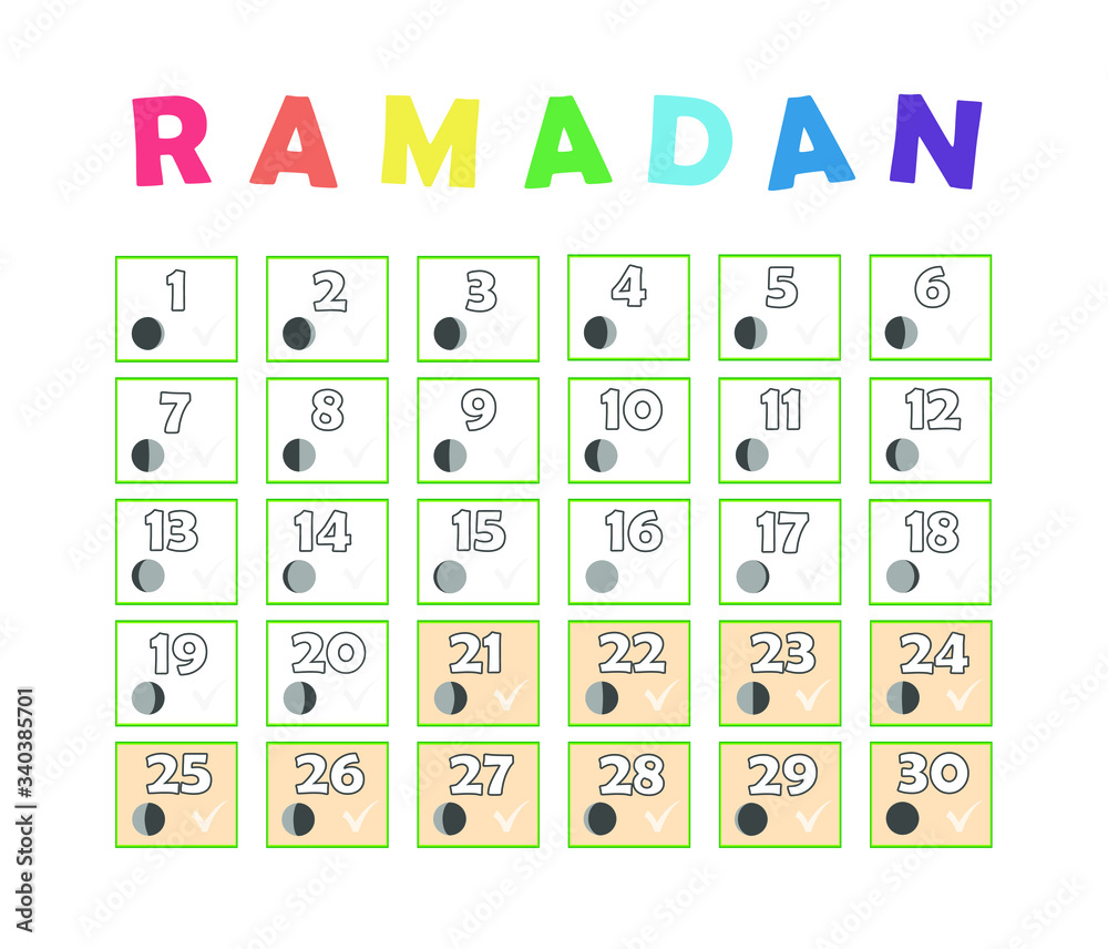 Vetor de Ramadan children calendar. Fasting tick calendar, moon cycle ...