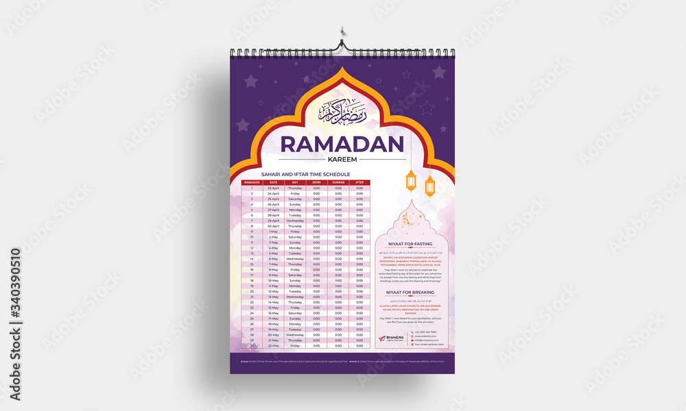 Ramadan Calendar Design Template. Islamic Calendar and Sehri Ifter time ...