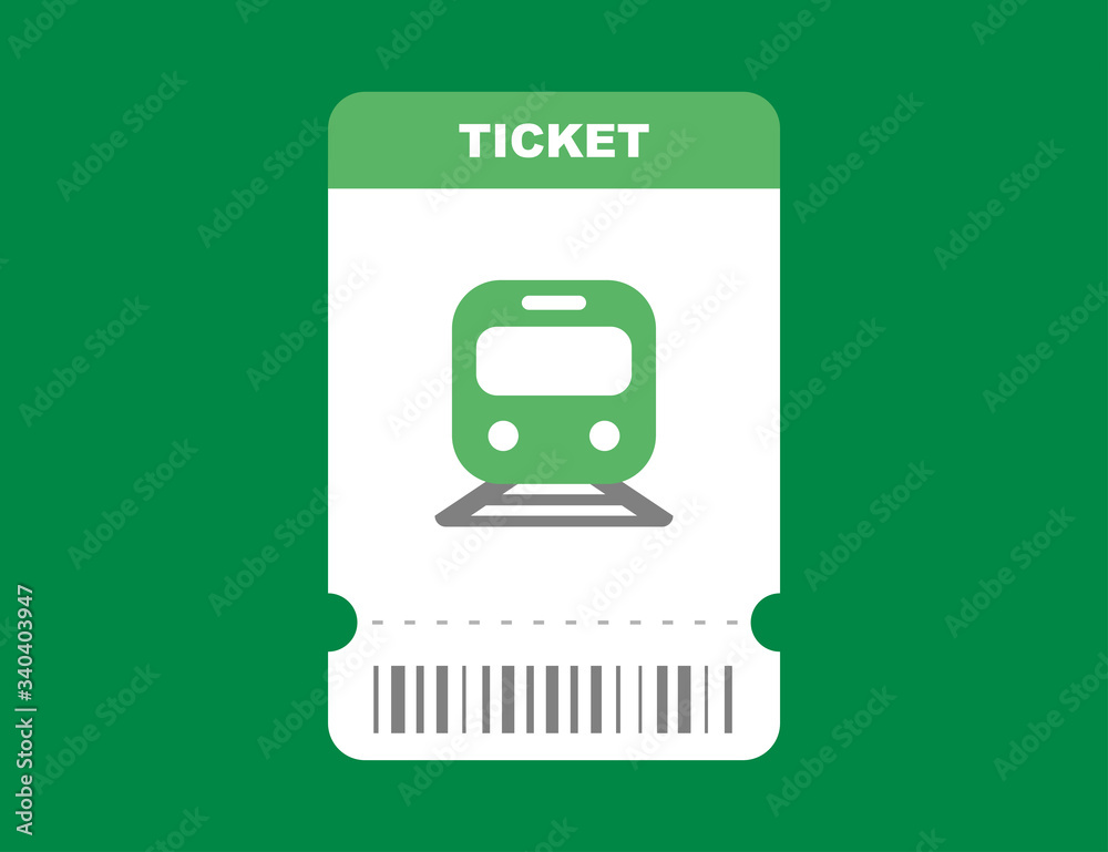 Railway ticket on train in flat green isolated design. Travel pass card ...