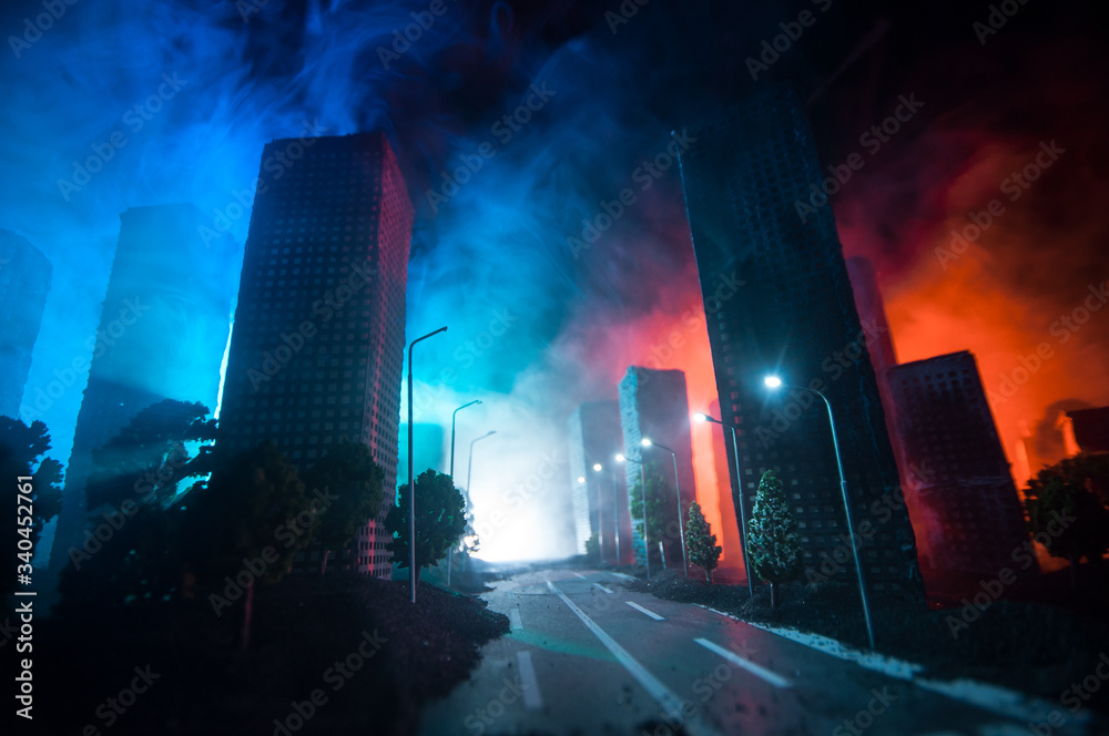 Empty street of burnt up city, flames on the ground and blasts with ...