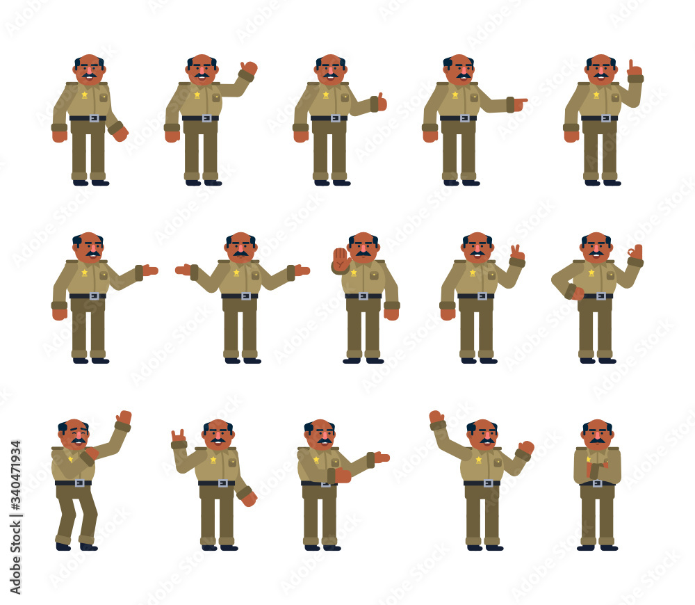 Set of policeman characters showing various hand gestures. Old indian ...