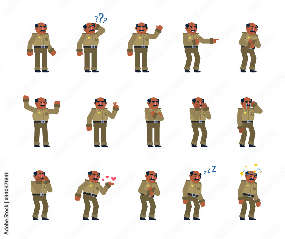 Set of policeman characters showing various emotions, expressions. Old ...