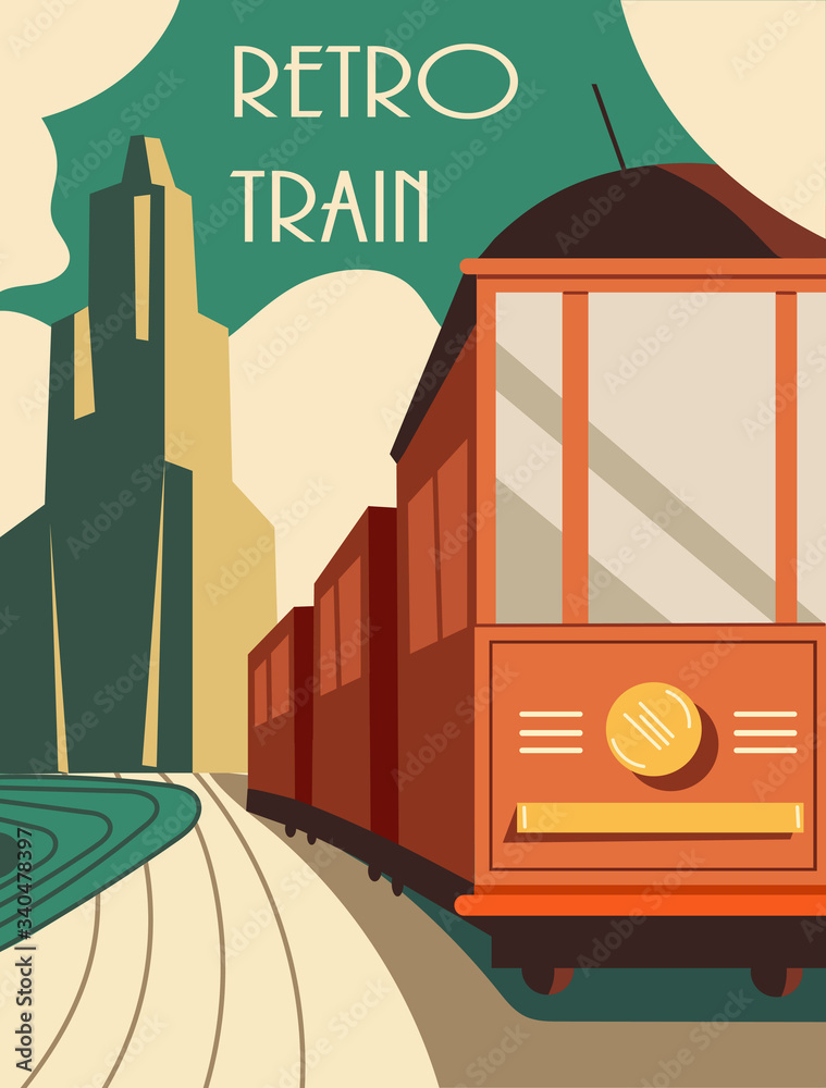 Vintage style retro train poster or card design with an old-fashioned ...