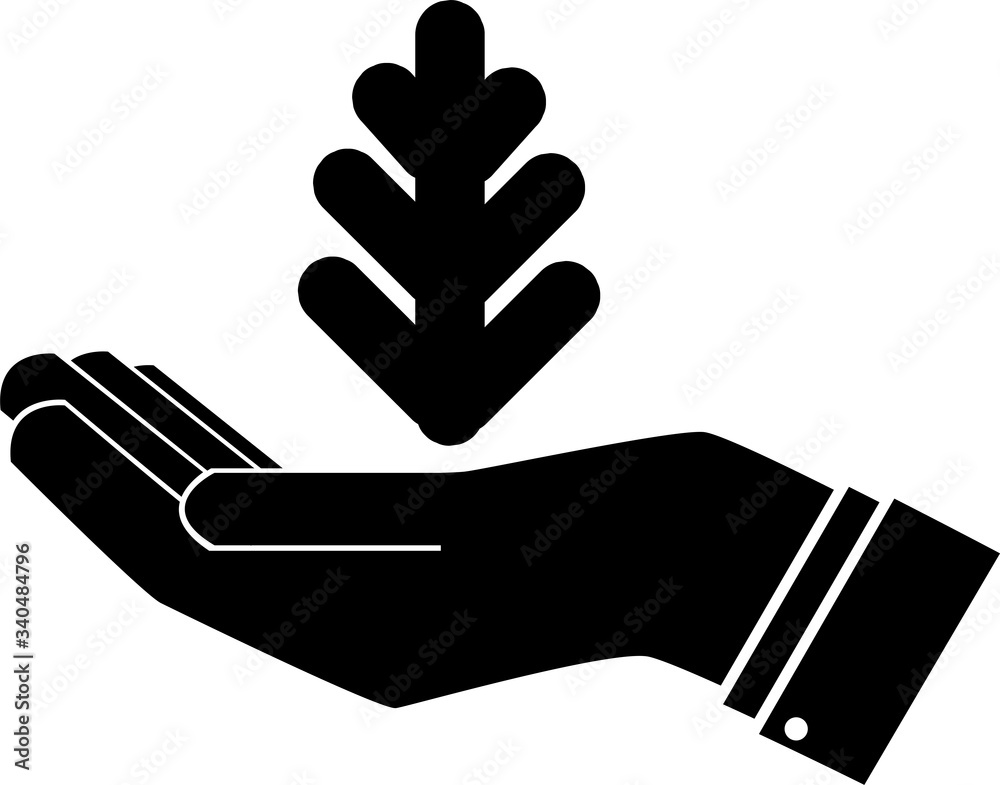 Plant in hand icon. Ecology problems. Hand palm protection symbol ...
