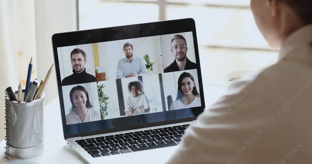 Diverse business people group conferencing in online chat on laptop ...