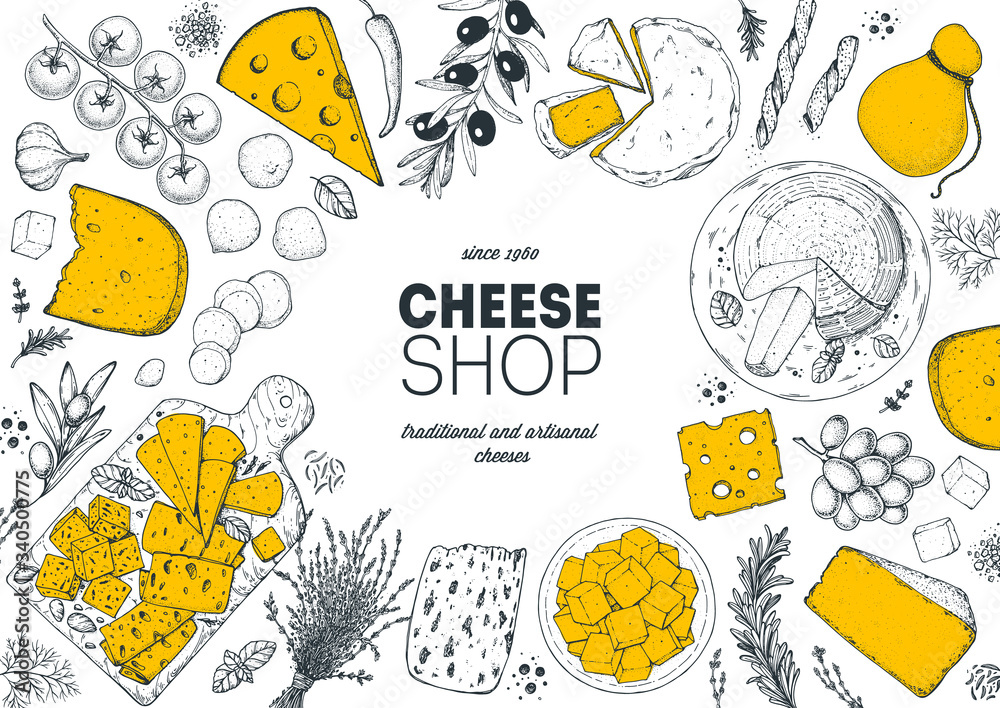 Cheese design template. Hand drawn sketch. Retro food background ...