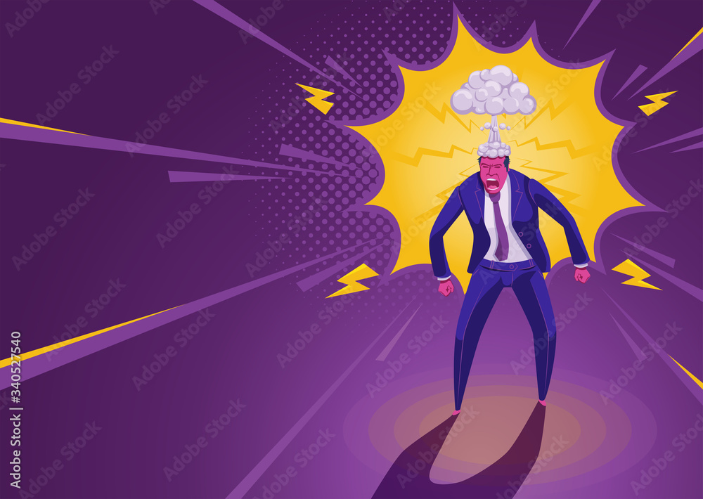 flat vector image on purple background, angry man in business clothes ...