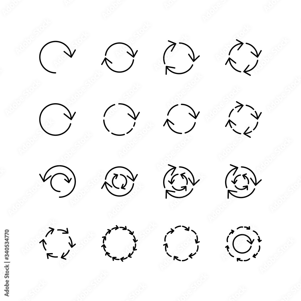 Set of reload arrow round line icon design, black outline vector icons ...