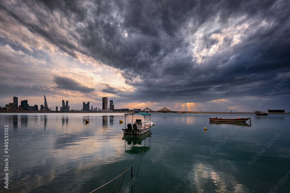 Bahrain Skyline with striking clouds, a view from Al Ghous park ...