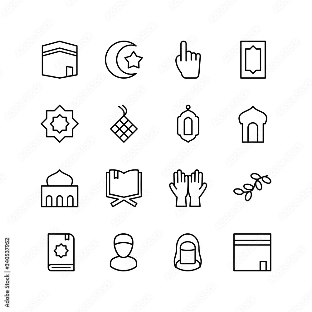 Set of islamic muslim line icon design, black outline vector icons ...