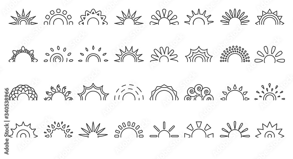 Black line half sun icon set. Logo blank frame for tattoo. Simple ...