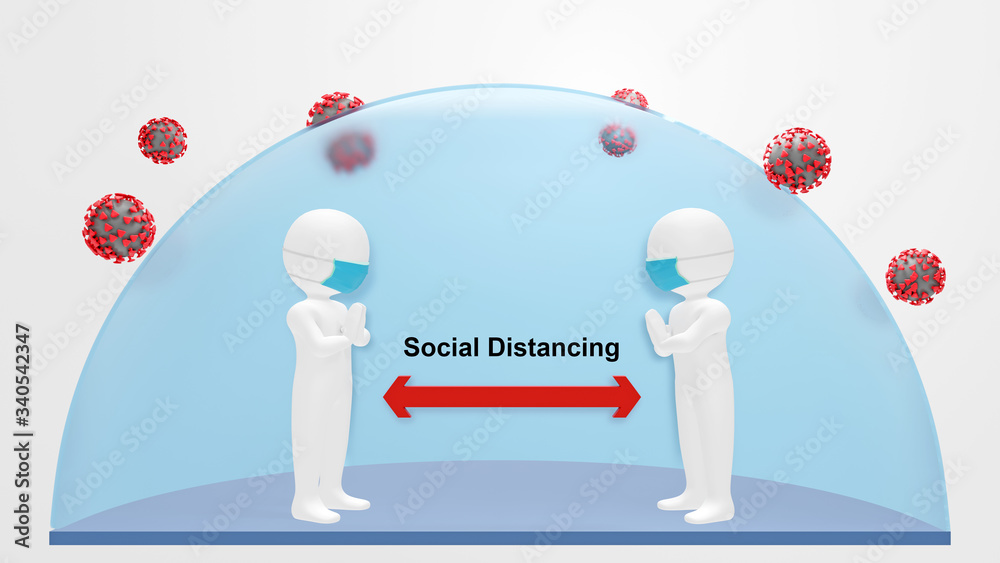 3D Illustration of two white characters stickman wear mask keeping ...