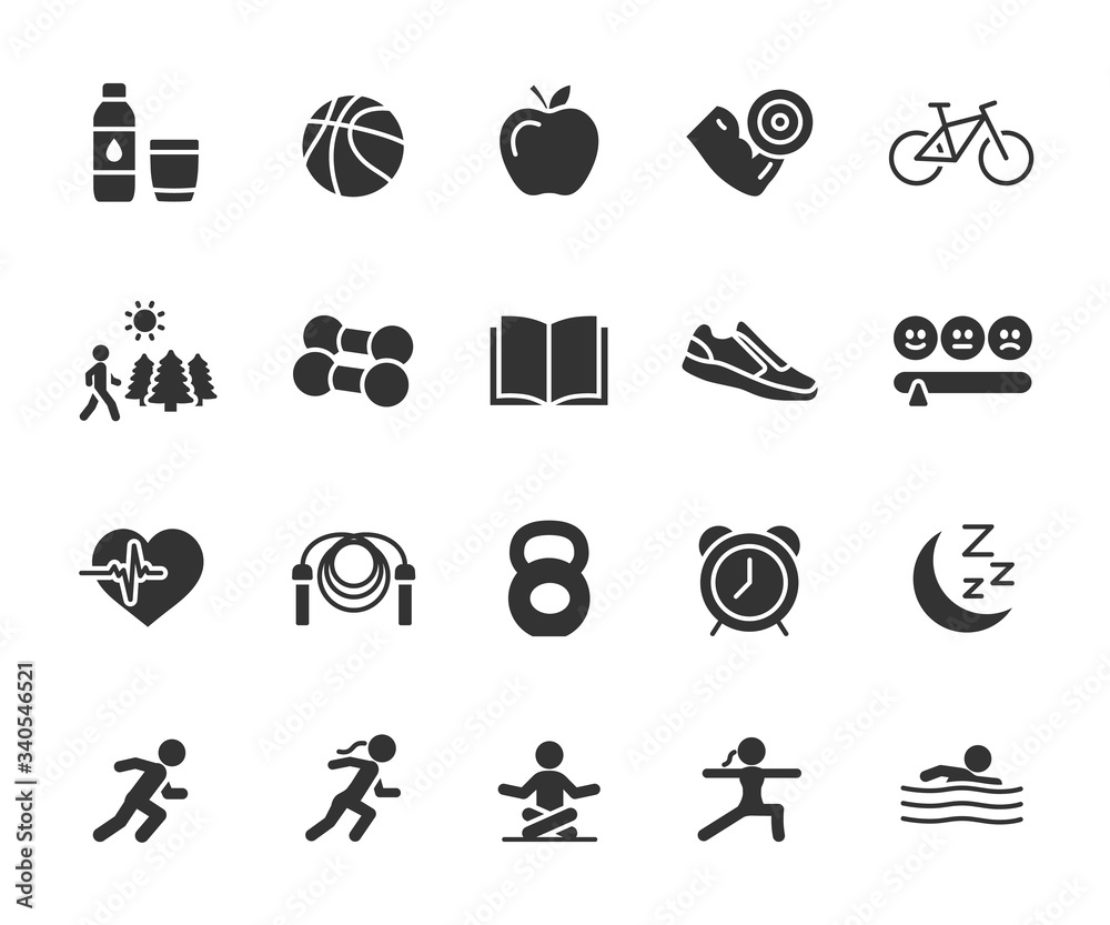 Vector set of healthy lifestyle flat icons. Contains icons exercise ...