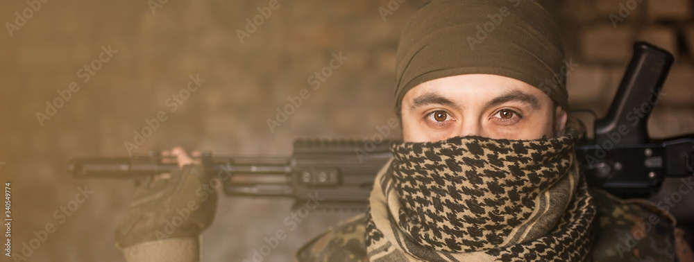 Arab male soldier in a headdress from the national keffiyeh with a ...