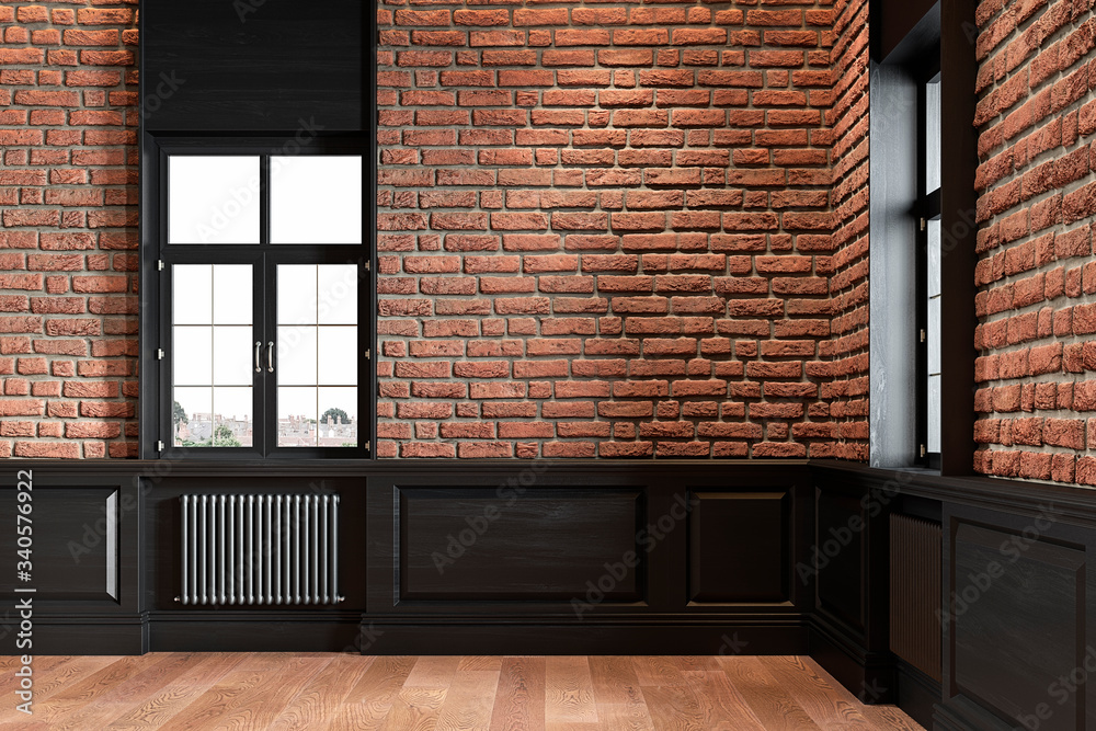 Loft interior with brickwall, wood panel and windows. 3d render ...