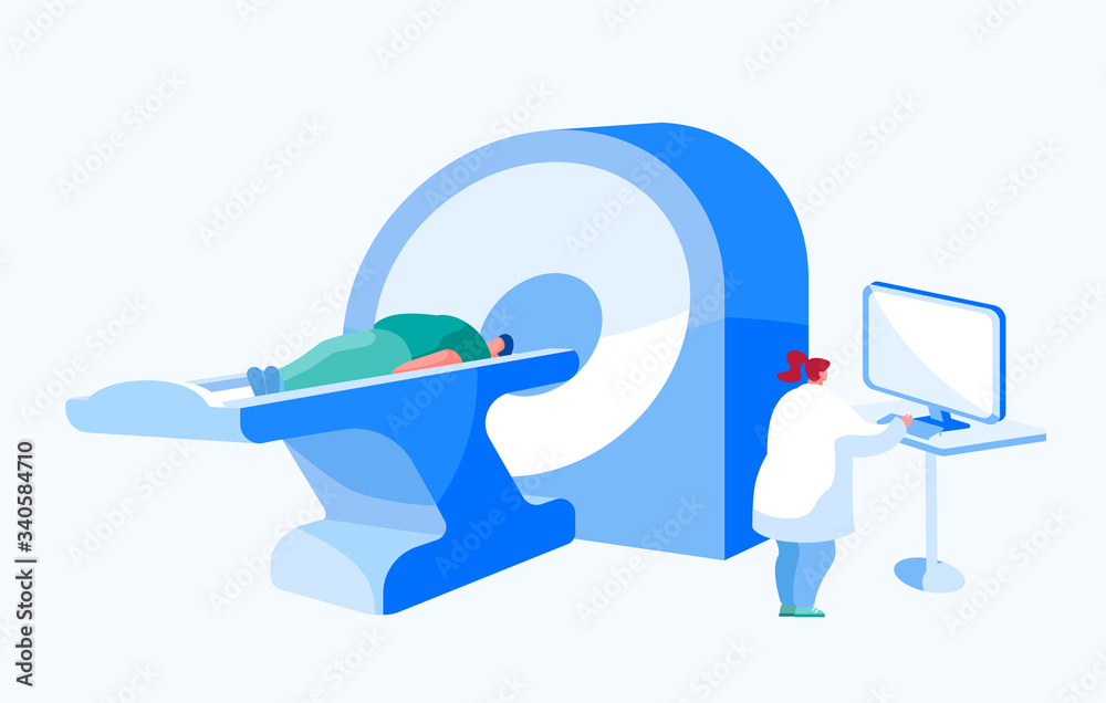 Doctor Character Looking at Results of Patient Scan on Computer Monitor ...