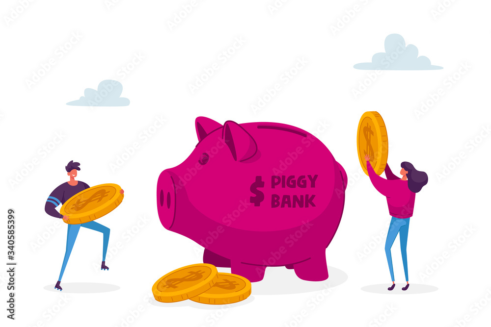 Man and Woman Characters Put Golden Dollar Coins into Huge Piggy Bank ...