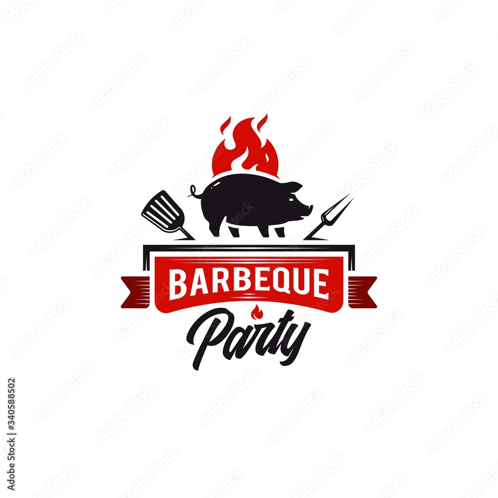 barbeque BBQ logo invitation icon with pig pork and crossed spatula ...
