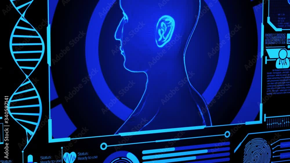 3D Human Head Model Rendering Rotating in Medical Futuristic HUD Display Screen including DNA ...