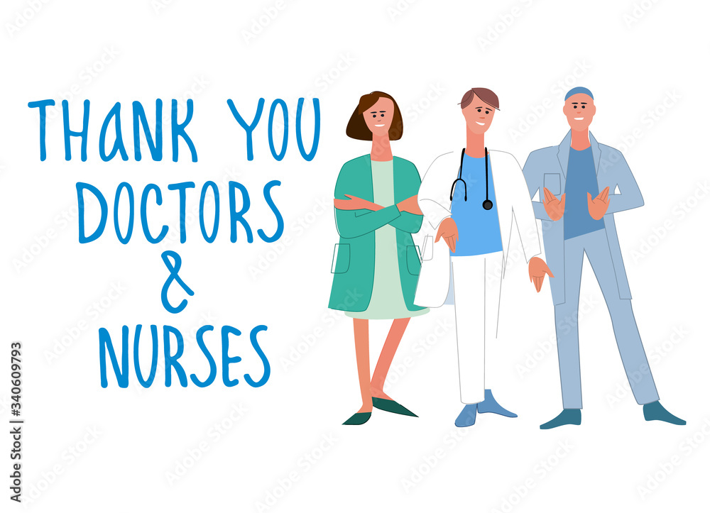 Thank you doctors and nurses hand-lettered phrase. Three doctors vector ...