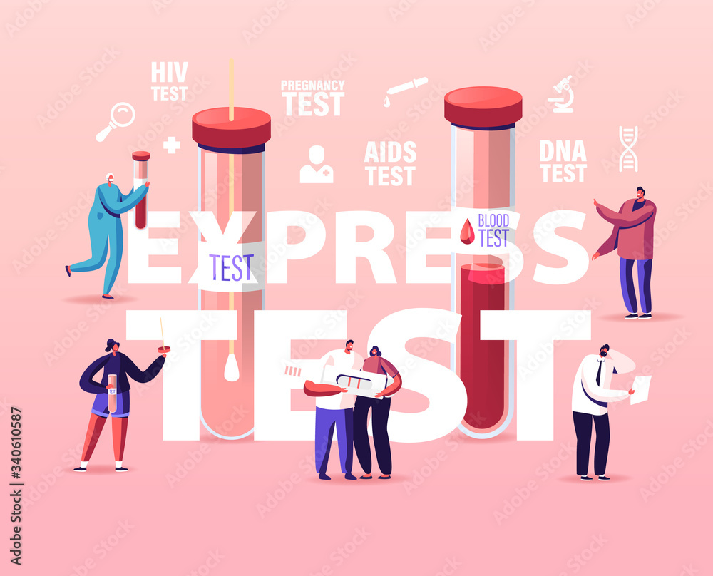 Express Blood Test Concept. Tiny Characters at Huge Glass Flasks ...