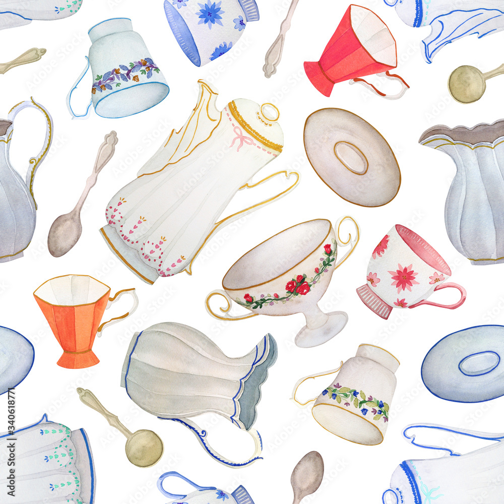 Watercolor seamless pattern with different vintage dishes isolated on ...