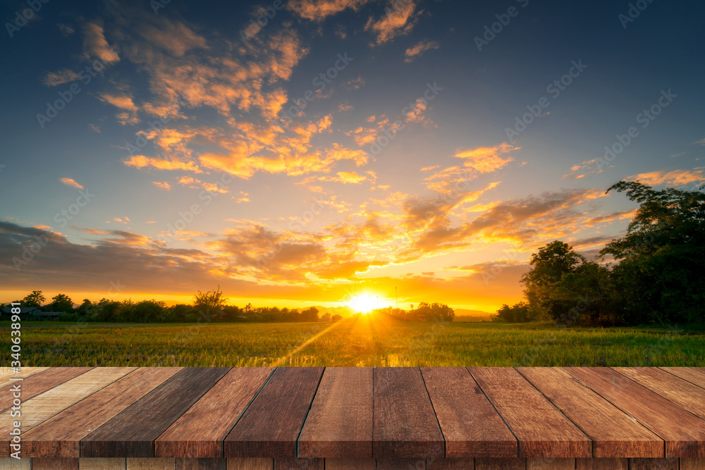 Rice field sunset and Empty wood table for product display and montage ...