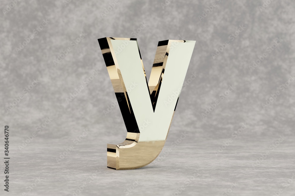 Gold 3d letter Y lowercase. Glossy golden letter on concrete background ...