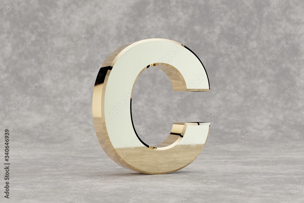 Gold 3d letter C uppercase. Glossy golden letter on concrete background ...