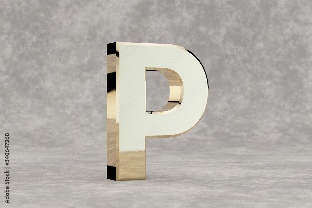 Gold 3d letter P uppercase. Glossy golden letter on concrete background ...