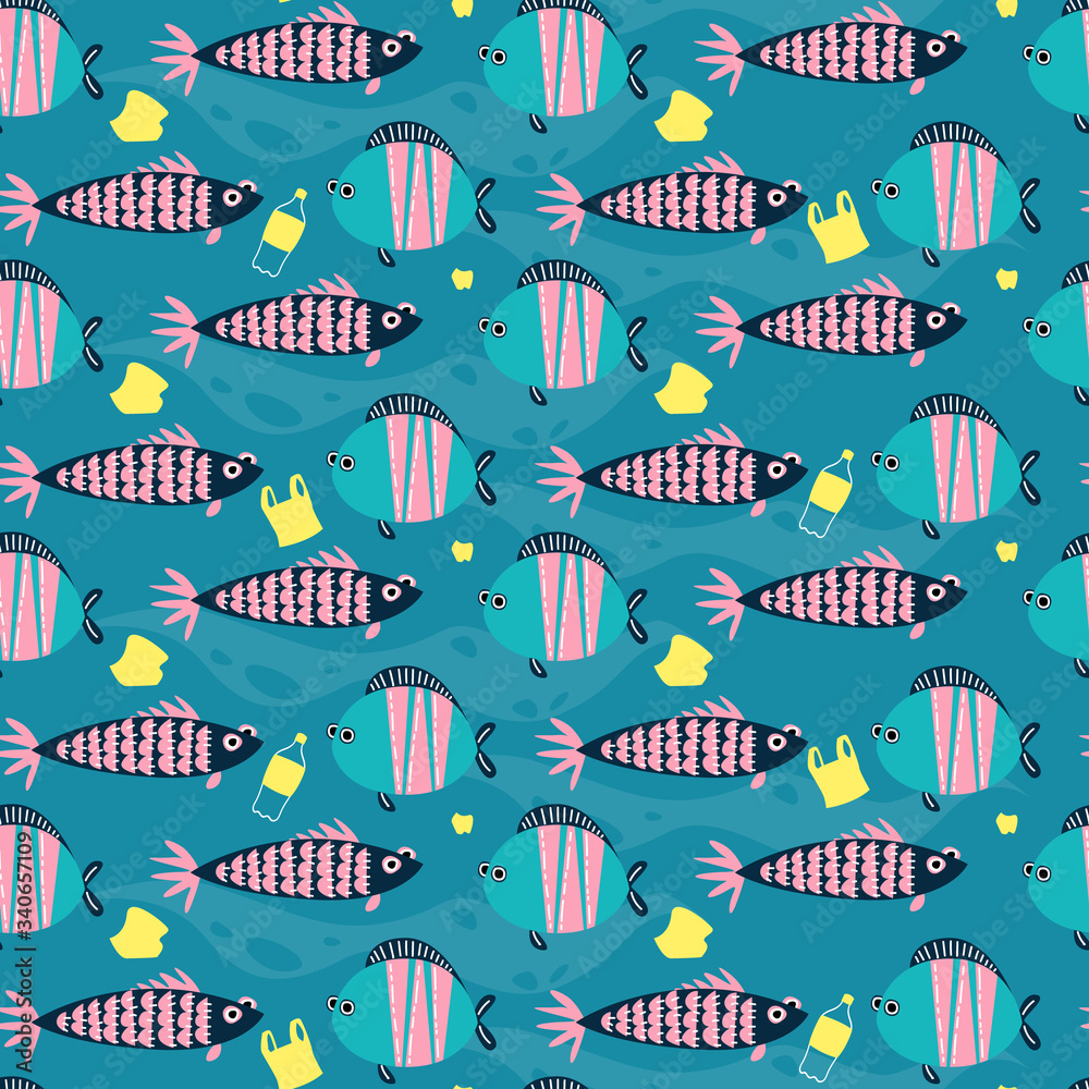Seamless pattenn with fish and plastic rubbish. Save our ocean from ...