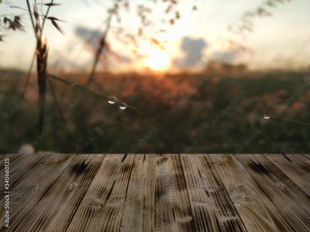 Old wooden teble with the blur background. The background is the ...