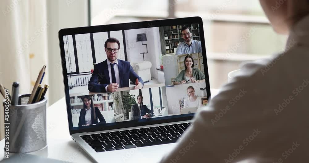 Webcam company team meeting concept. Remote employee conferencing boss ...