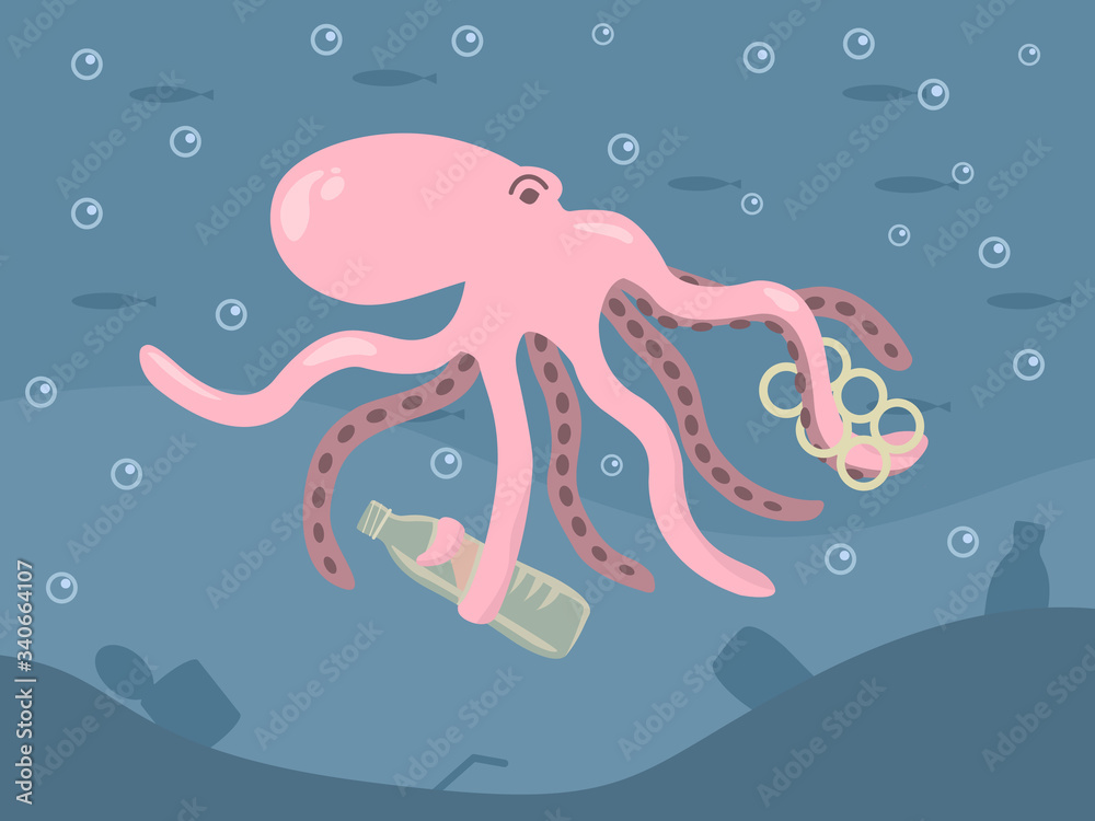 Save the ocean concept: pink octopus holding plastic bottle and 6-pack ...