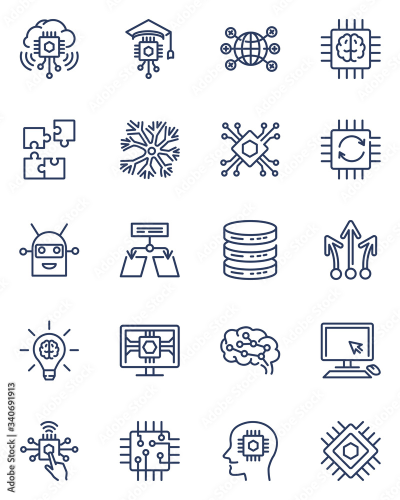 Digital machines line icons set. Brain, neuron circuit, ai, algorithm ...