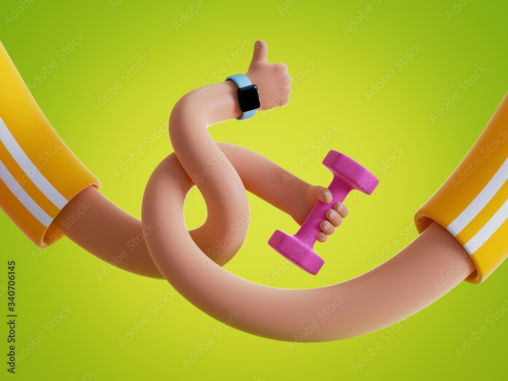 3d render elastic tangled cartoon hands hold dumbbell isolated on green ...