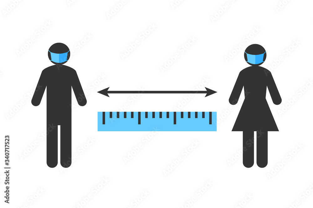 Social distancing sign. Stick figure people with face masks and ruler ...