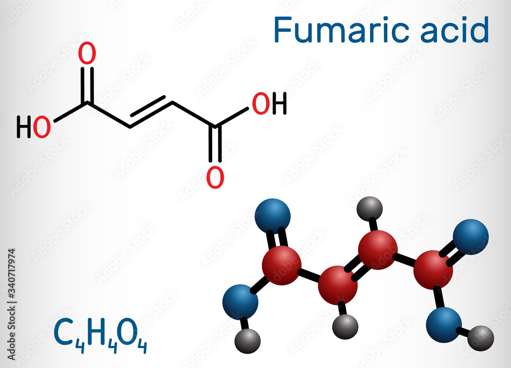 Fumaric acid, C4H4O4, molecule. It is unsaturated dicarboxylic acid ...