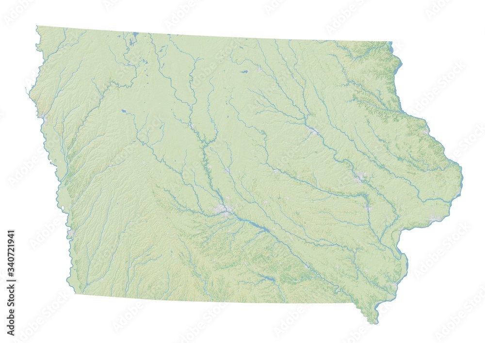 High resolution topographic map of Iowa with land cover, rivers and ...