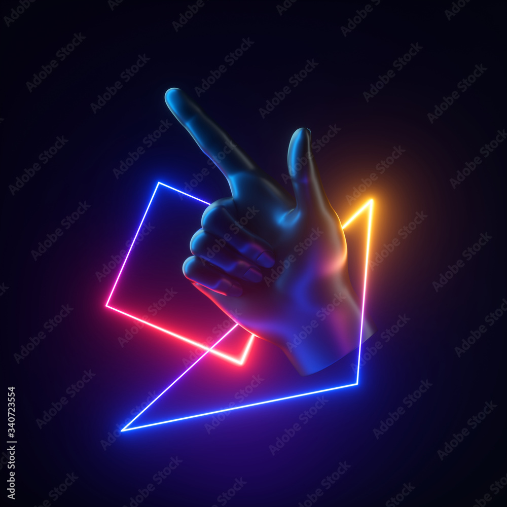 3d render black artificial hand, neon geometric objects levitating ...