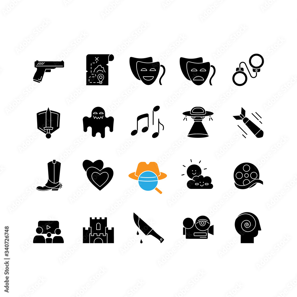 Movie genres black glyph icons set on white space. Cinematography ...