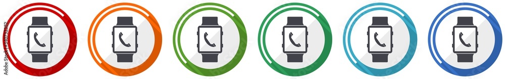 Smartwatch icon set, phone call flat design vector illustration in 6 ...