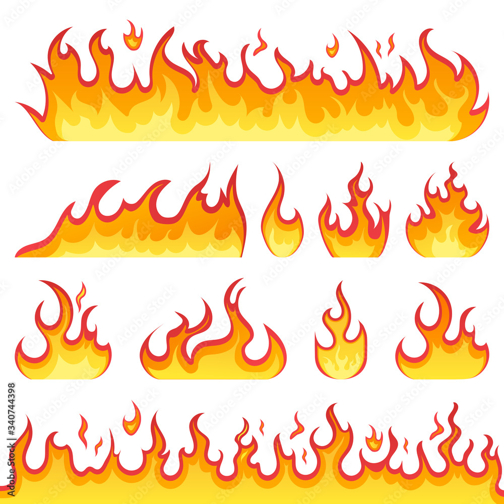 Fire flames vector icons in cartoon style on a white background. Flames ...