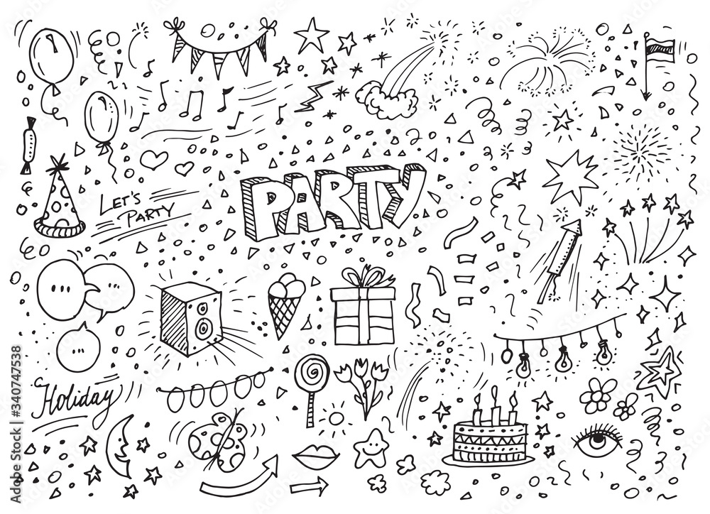 Party hand drawn vector cartoon doodles Stock Vector | Adobe Stock